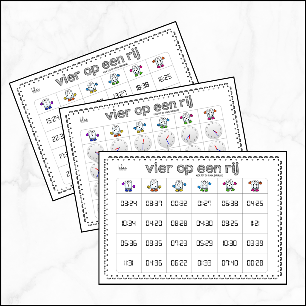 Vier op een rij - klok tot op 1 min. (halfuur) · Klasmateriaal